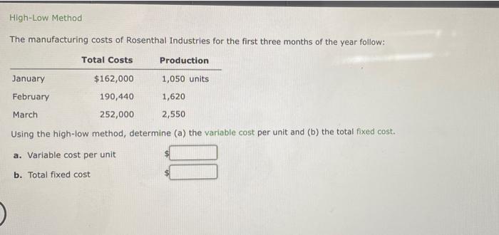 Solved High-Low Method The manufacturing costs of Rosenthal | Chegg.com