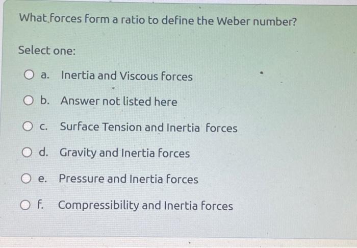 Solved What forces form a ratio to define the Weber number? | Chegg.com