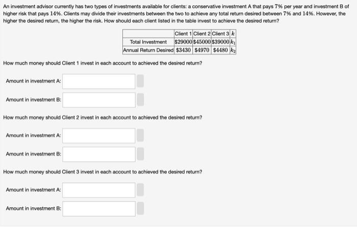 Solved An investment advisor currently has two types of | Chegg.com