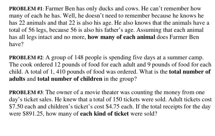 Solved PROBLEM #1: Farmer Ben has only ducks and cows. He | Chegg.com