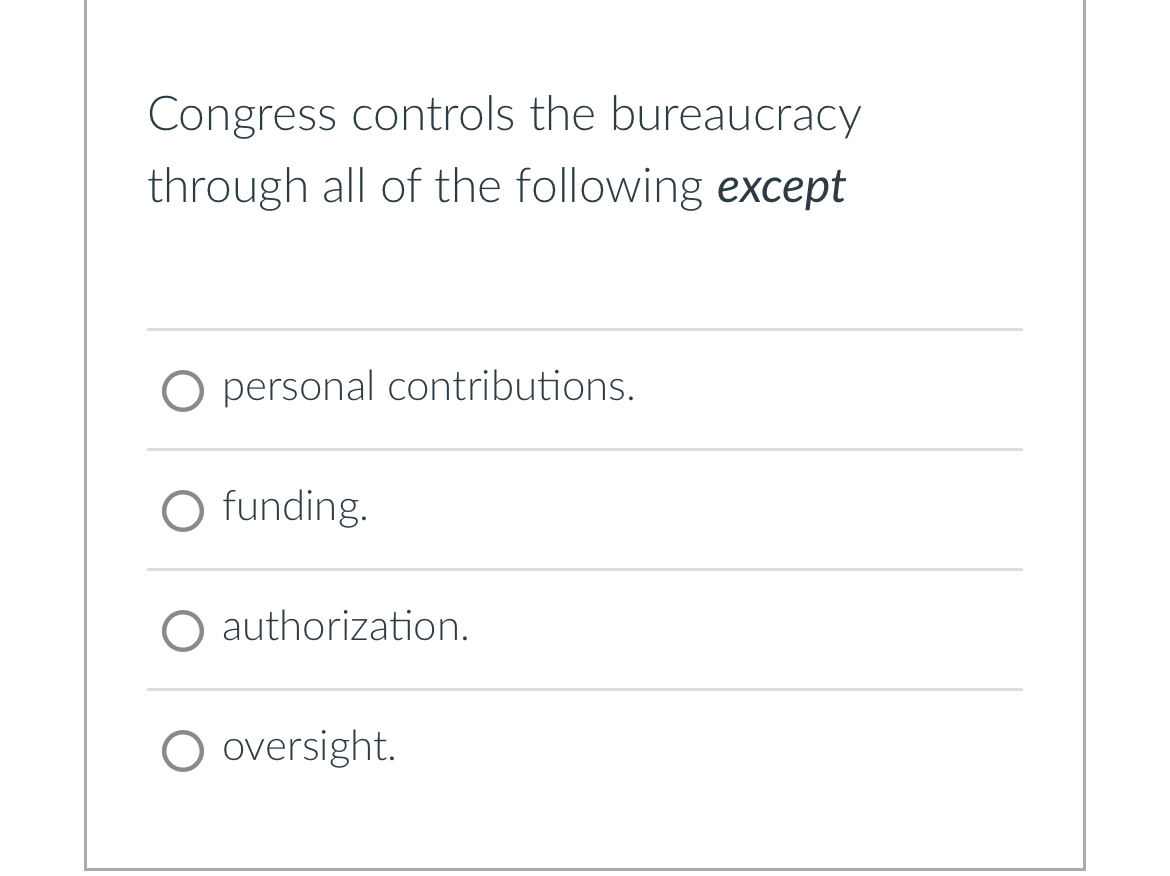 Solved Congress controls the bureaucracy through all of the | Chegg.com