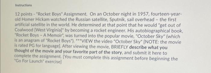 Solved Instructions 12 points - "Rocket Boys" Assignment. On | Chegg.com