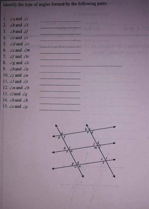 Solved Identify the type of angles formed by the following | Chegg.com