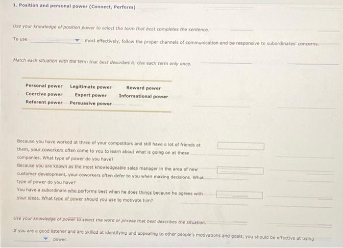 Solved 1. Position and personal power (Connect, Perform) Use | Chegg.com