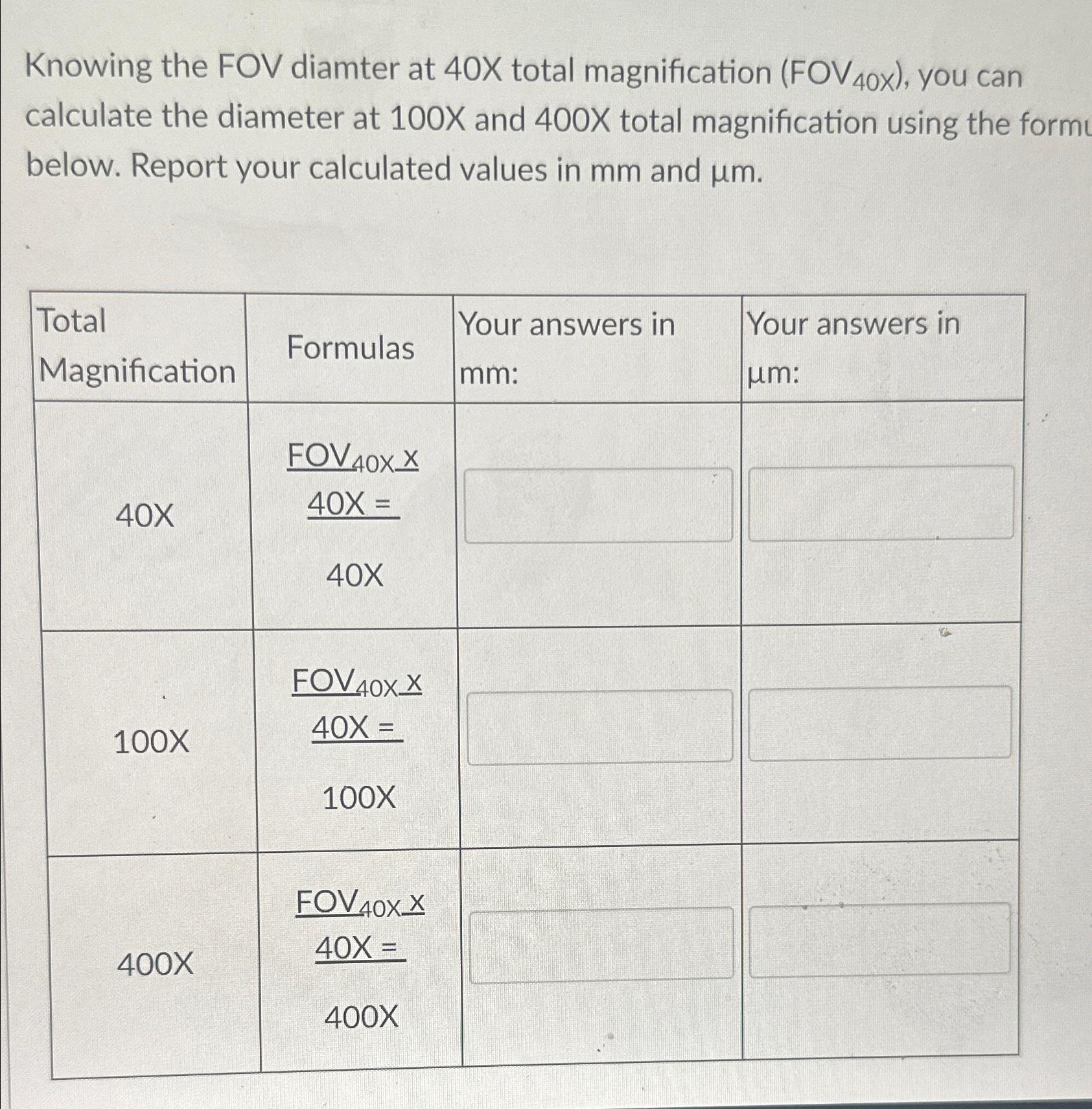 Solved Knowing the FOV diamter at 40x ﻿total magnification | Chegg.com