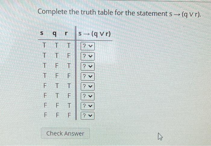 Solved Complete the truth table for the statement s→(q∨r). | Chegg.com