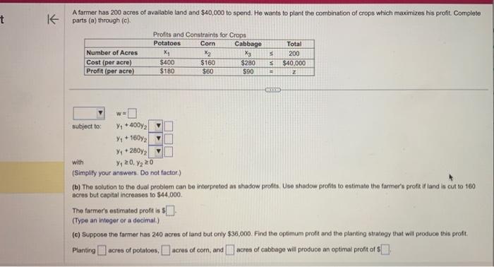 Solved A farmer has 200 acres of available land and $40,000 | Chegg.com