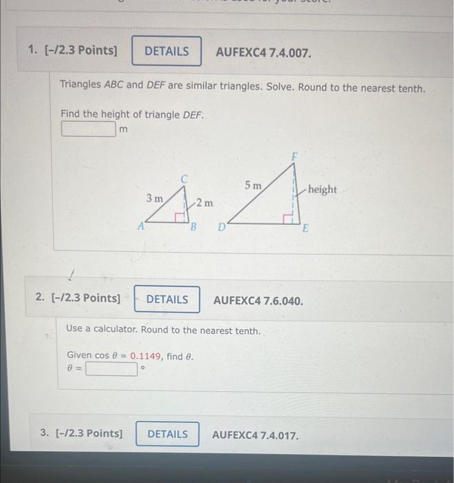 Solved Triangles ABC and DEF are similar triangles. Solve. | Chegg.com