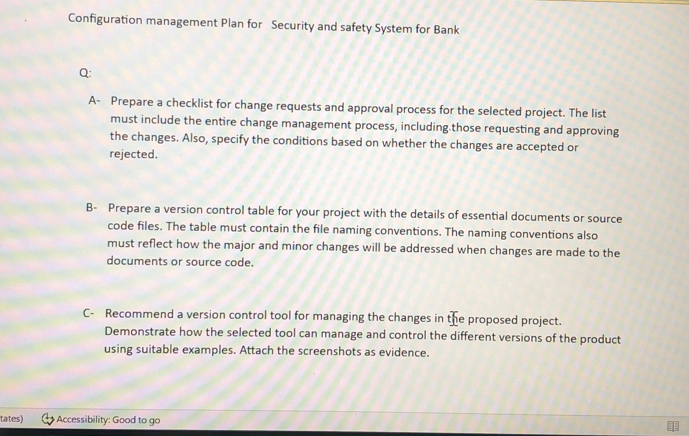 Solved Configuration management Plan for Security and safety | Chegg.com