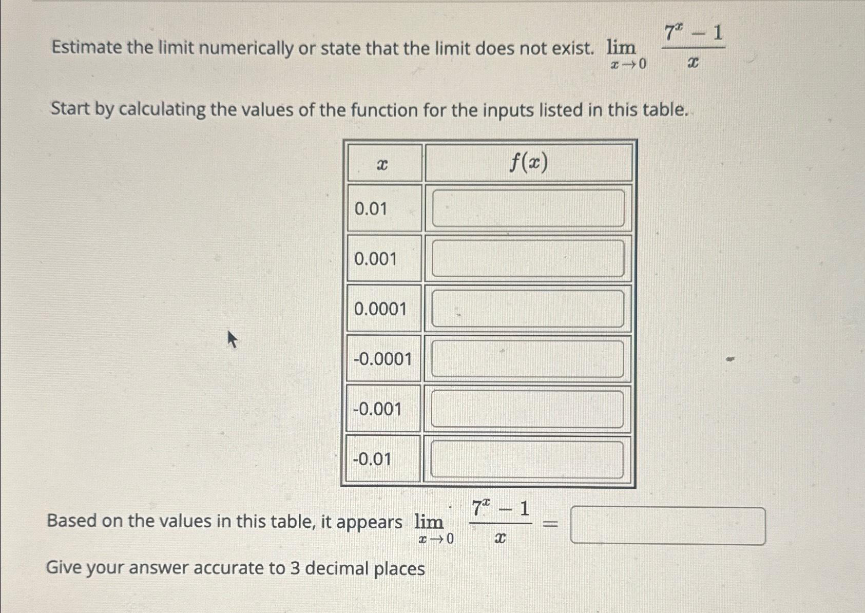 Solved Estimate the limit numerically or state that the | Chegg.com