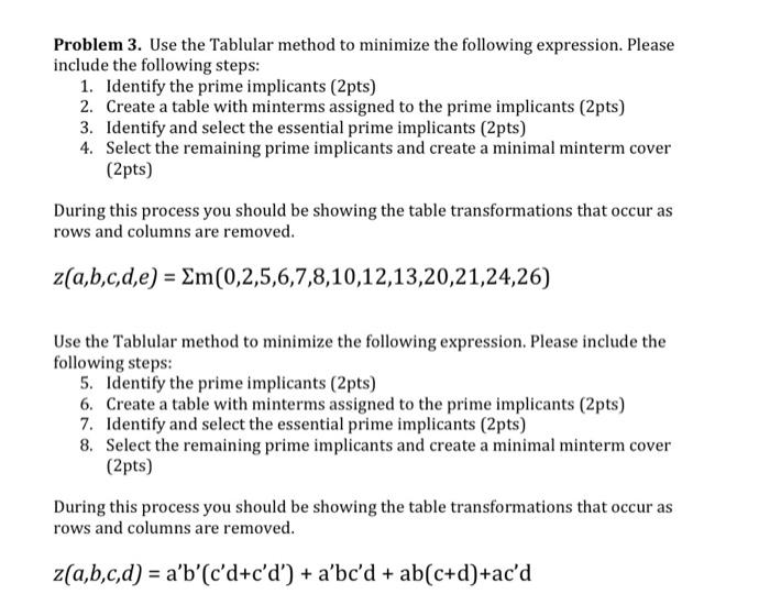 Solved Problem 3. Use the Tablular method to minimize the | Chegg.com