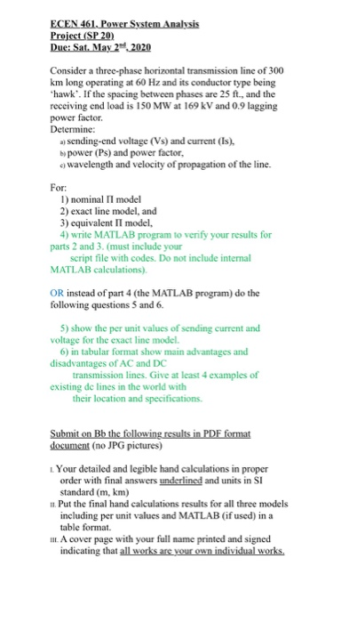 ECEN 461. Power System Analysis Project (SP 20) Due: | Chegg.com
