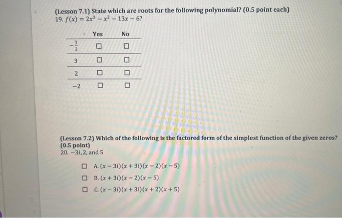 Solved (Lesson 7.1) State which are roots for the following | Chegg.com
