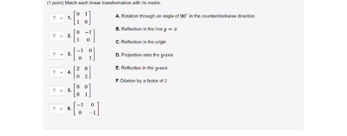 Solved (1 point) Match each linear transformation with its | Chegg.com