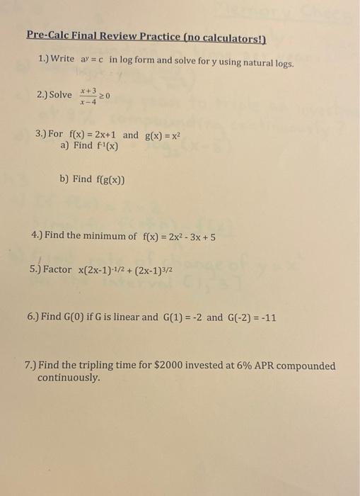 Solved Pre-Calc Final Review Practice (no calculators!) 1.) | Chegg.com