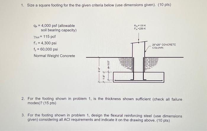 Solved 1. Size a square footing for the the given criteria | Chegg.com