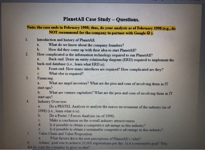 PlanetAll Case Study - Questions. Note: the case ends | Chegg.com