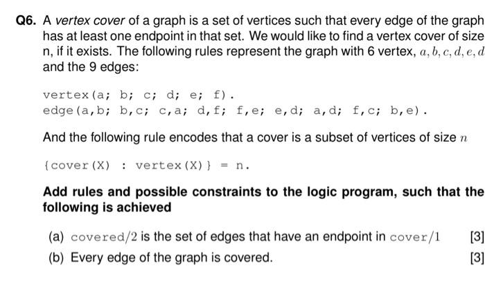 Solved Q6. A vertex cover of a graph is a set of vertices | Chegg.com