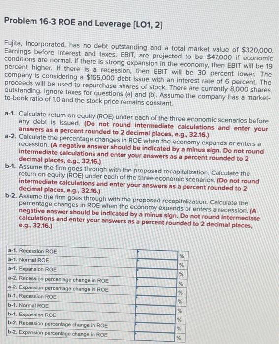 Problem 16-3 ROE and Leverage [LO1, 2] Fujita, | Chegg.com