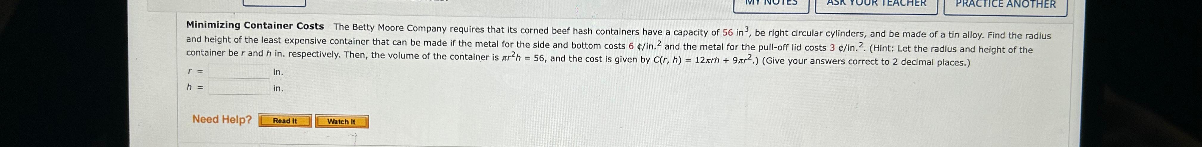 Solved container be r ﻿and h ﻿in. ﻿respectively. Then, the | Chegg.com
