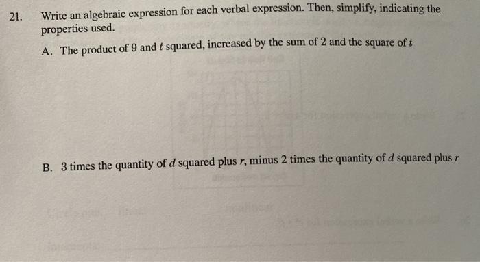 Solved 21. Write an algebraic expression for each verbal | Chegg.com