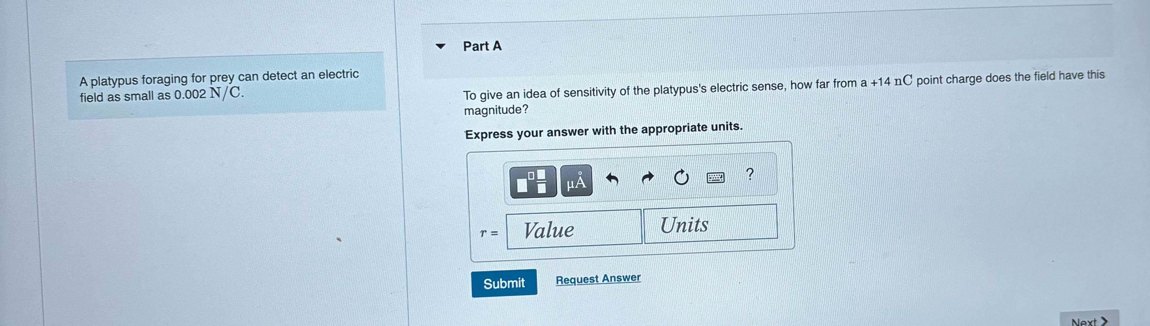 Solved Part AA platypus foraging for prey can detect an | Chegg.com