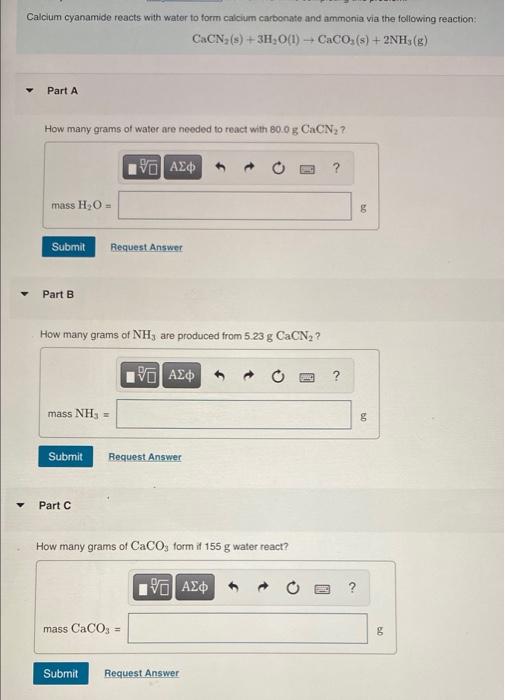 Solved Calcium cyanamide reacts with water to form calcium | Chegg.com