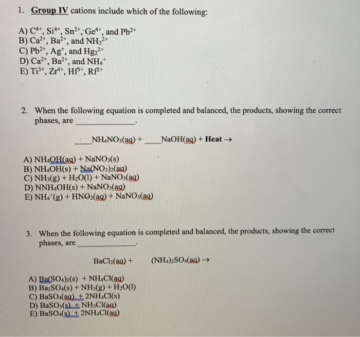 Solved 1. Group IV cations include which of the following: | Chegg.com