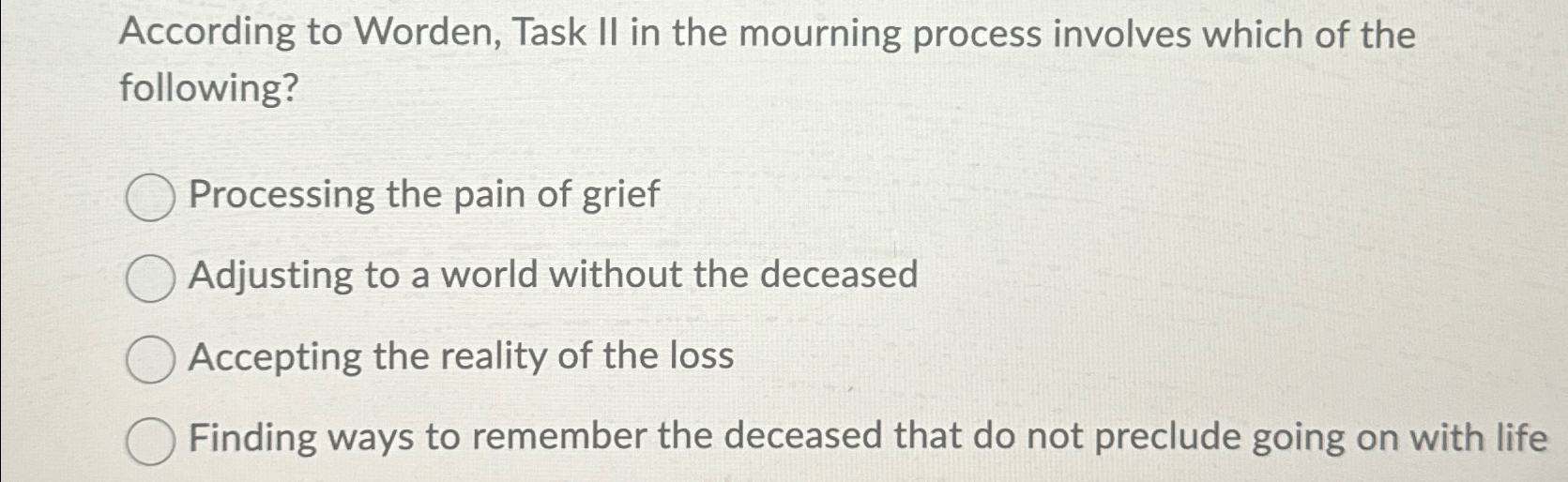 Solved According to Worden, Task II in the mourning process | Chegg.com