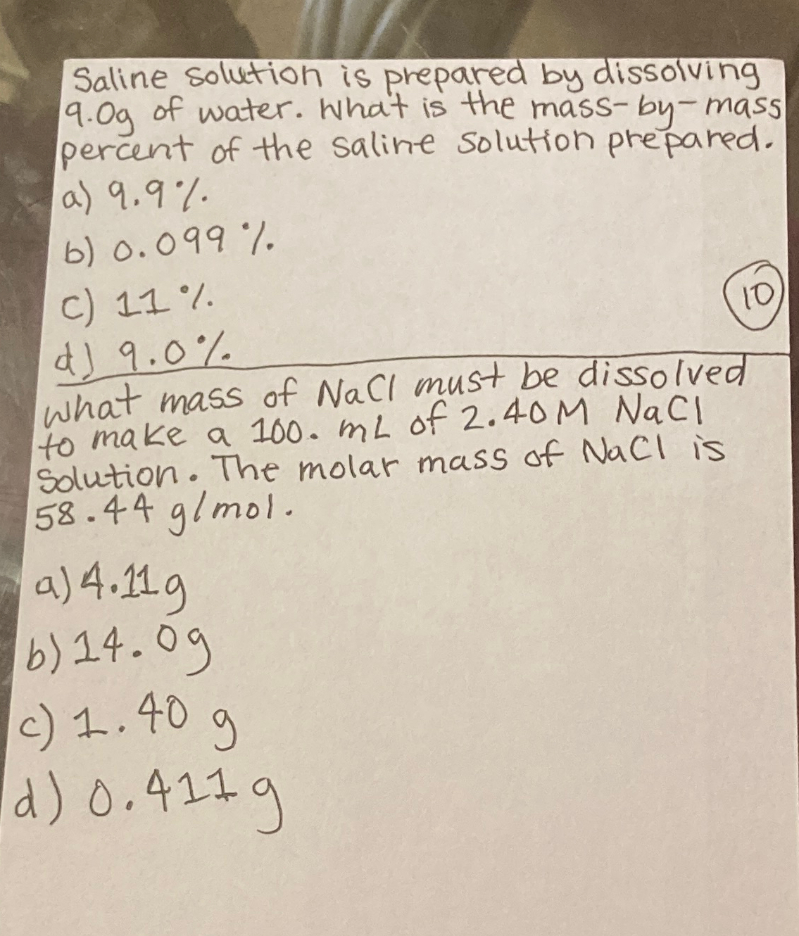 Solved Saline solution is prepared by dissolving 9.0g ﻿of | Chegg.com