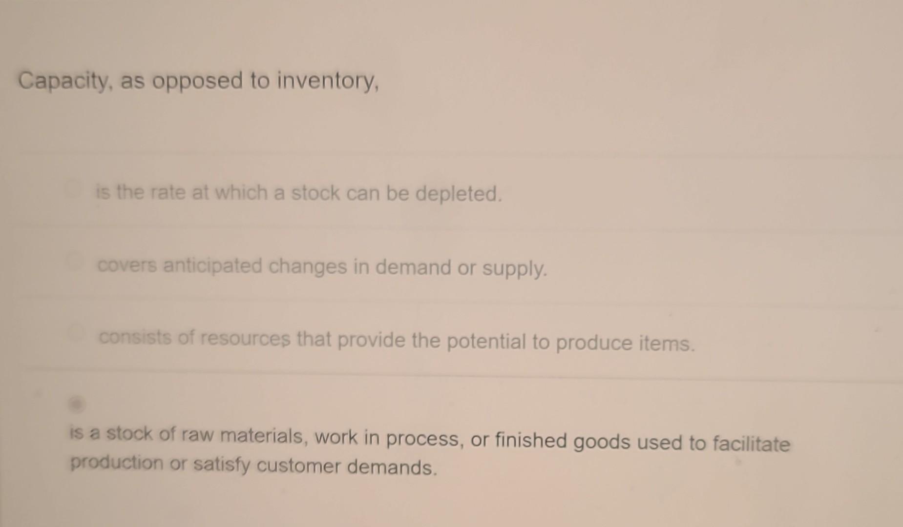 Solved Capacity, as opposed to inventory, is the rate at | Chegg.com