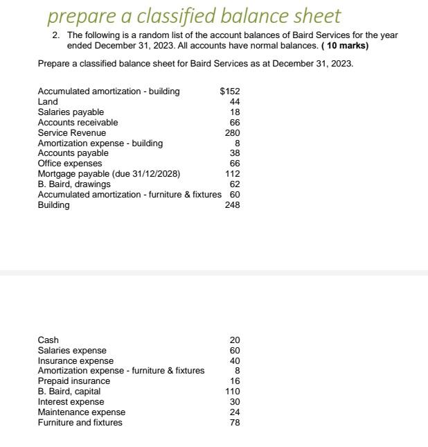 Solved prepare a classified balance sheet 2. The following | Chegg.com