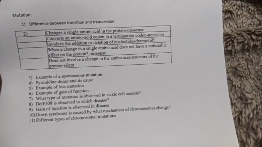 Solved Mutation: 1) Difference between transition and | Chegg.com