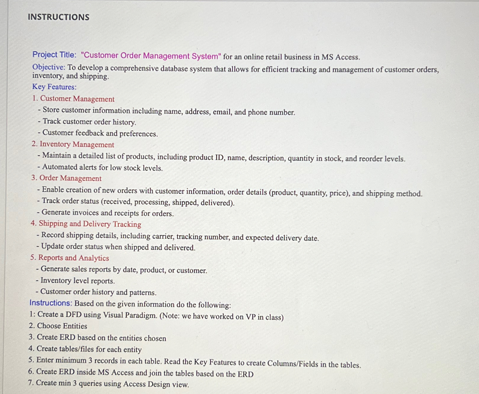 Solved INSTRUCTIONSProject Title: "Customer Order Management | Chegg.com