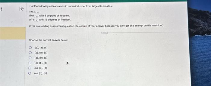 Solved Put the following critical values in numerical order | Chegg.com