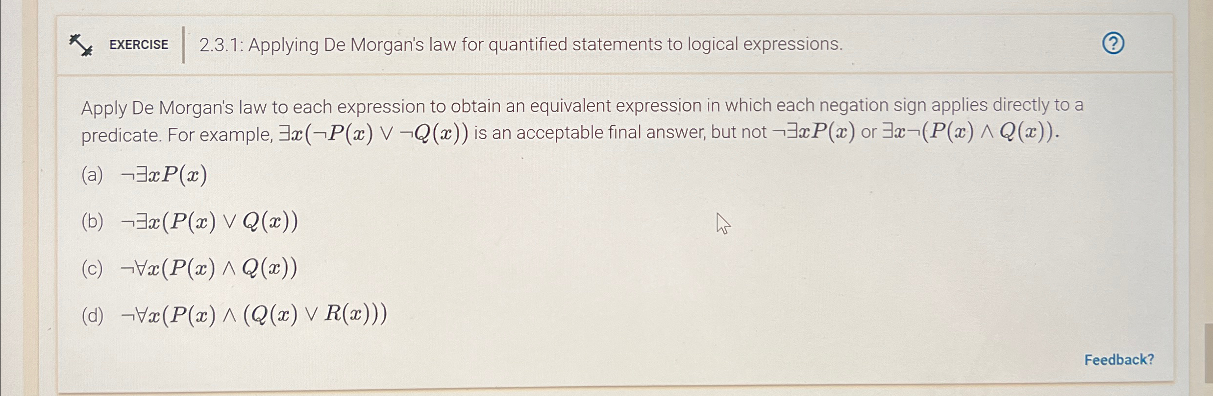 Solved EXERCISE2.3.1: Applying De Morgan's law for | Chegg.com