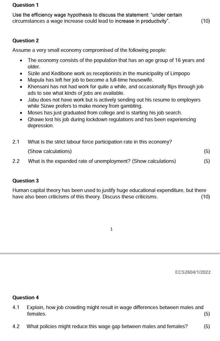 Solved Question 1 Use the efficiency wage hypothesis to | Chegg.com