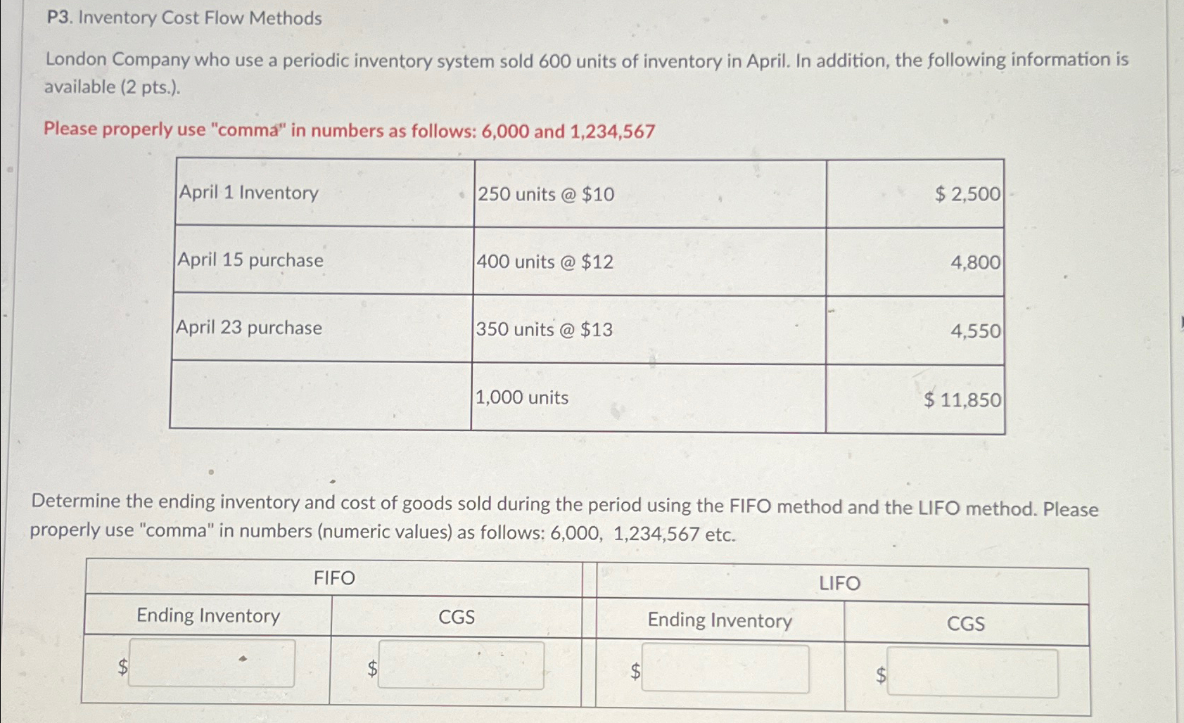 Solved P3. ﻿Inventory Cost Flow MethodsLondon Company who | Chegg.com