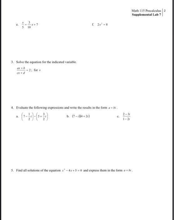 Solved Math 115 Precalculus Supplemental Lab 7 Name: | Chegg.com