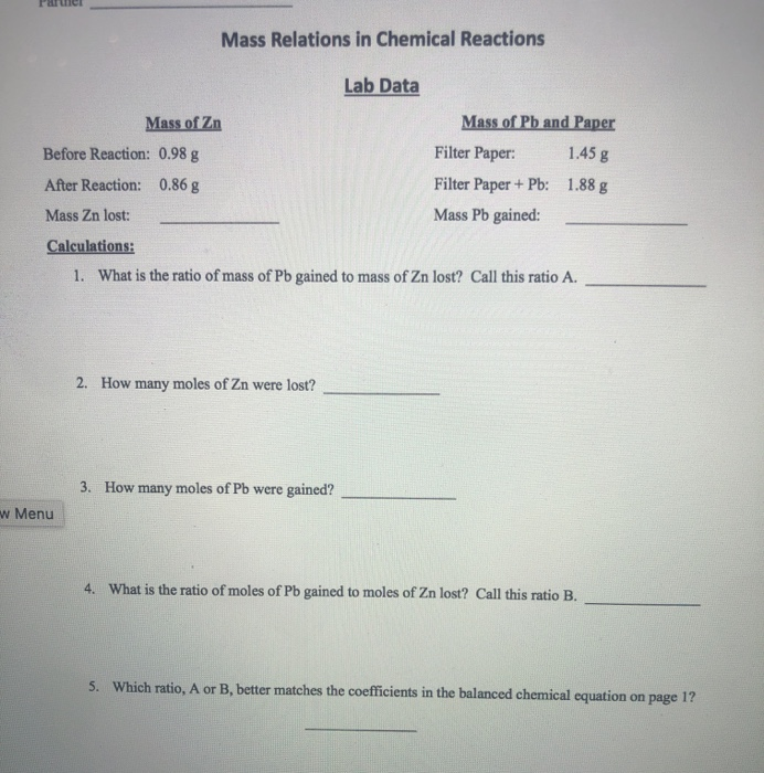 Solved Mass Relations in Chemical Reactions Lab Data Mass of | Chegg.com