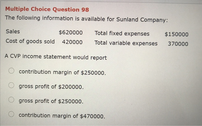 Solved Multiple Choice Question 98 The following information | Chegg.com