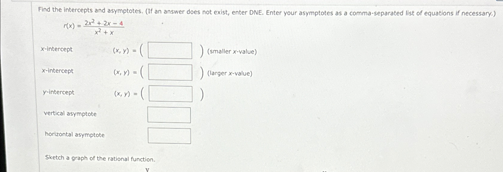 Solved Find the intercepts and asymptotes. (If an answer | Chegg.com