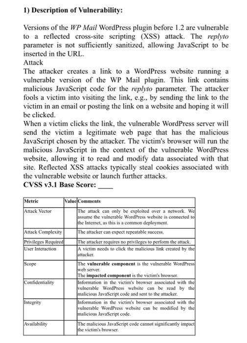 Solved 1. Read the description of the vulnerabilities and | Chegg.com