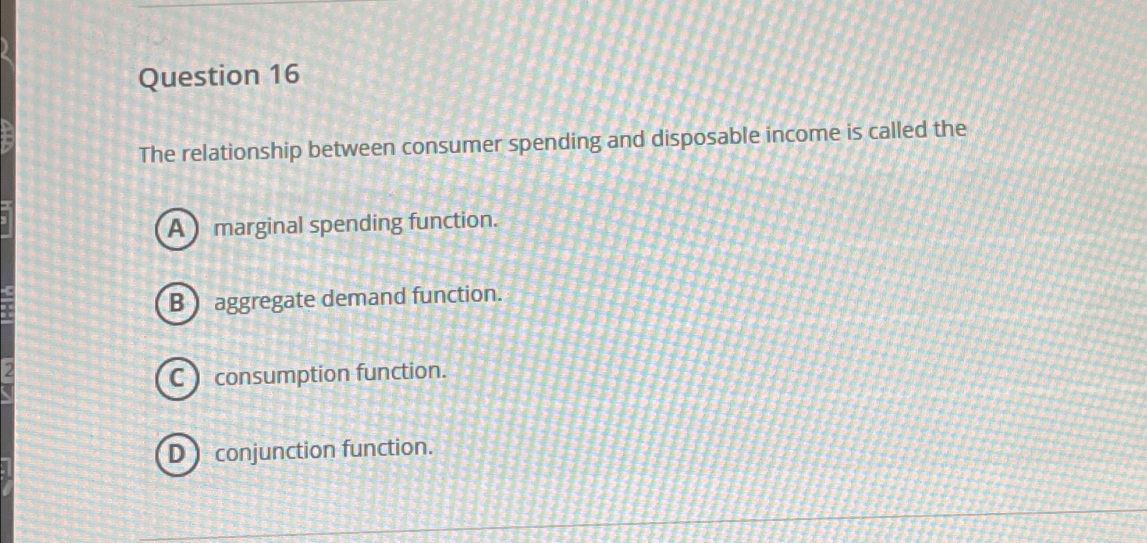 Solved Question 16The relationship between consumer spending | Chegg.com
