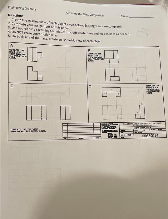 Solved Engineering Graphics Orthographic View Completion | Chegg.com