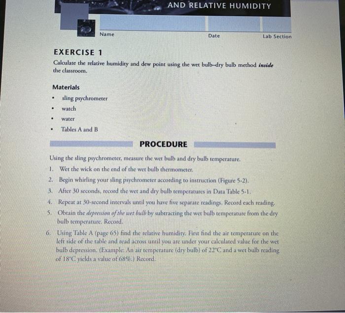 AND RELATIVE HUMIDITY Name Date Lab Section EXERCISE | Chegg.com