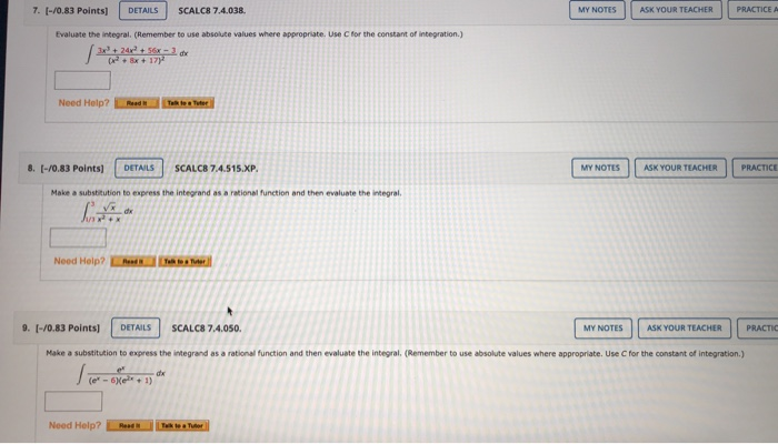 Solved 7. [-/0.83 Points] DETAILS SCALCA 7.4.038. MY NOTES | Chegg.com
