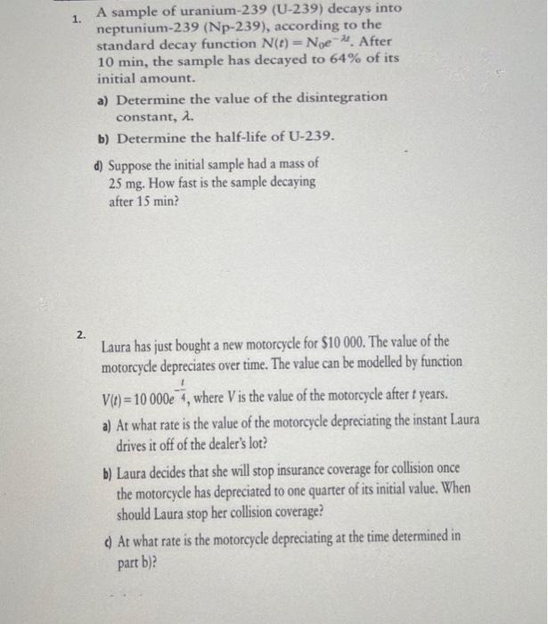 Solved 1. A sample of uranium-239 (U-239) decays into | Chegg.com