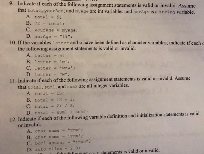 Solved 9. Indicate if each of the following assignment | Chegg.com