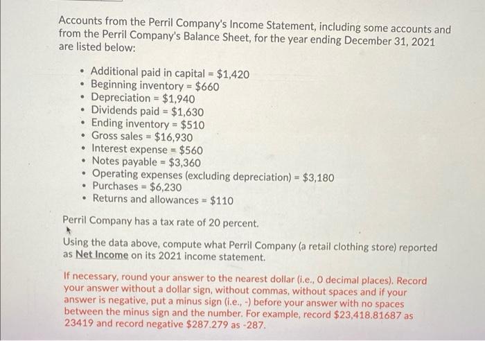 Solved Accounts from the Perril Company's Income Statement, | Chegg.com